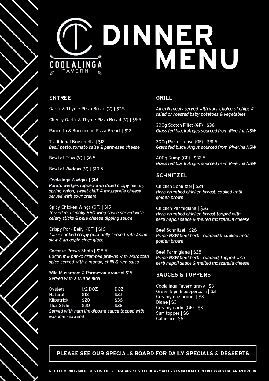 dinner menu - Coolalinga Tavern