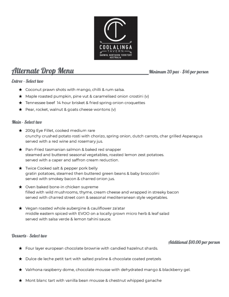 Function Menu - Coolalinga Tavern